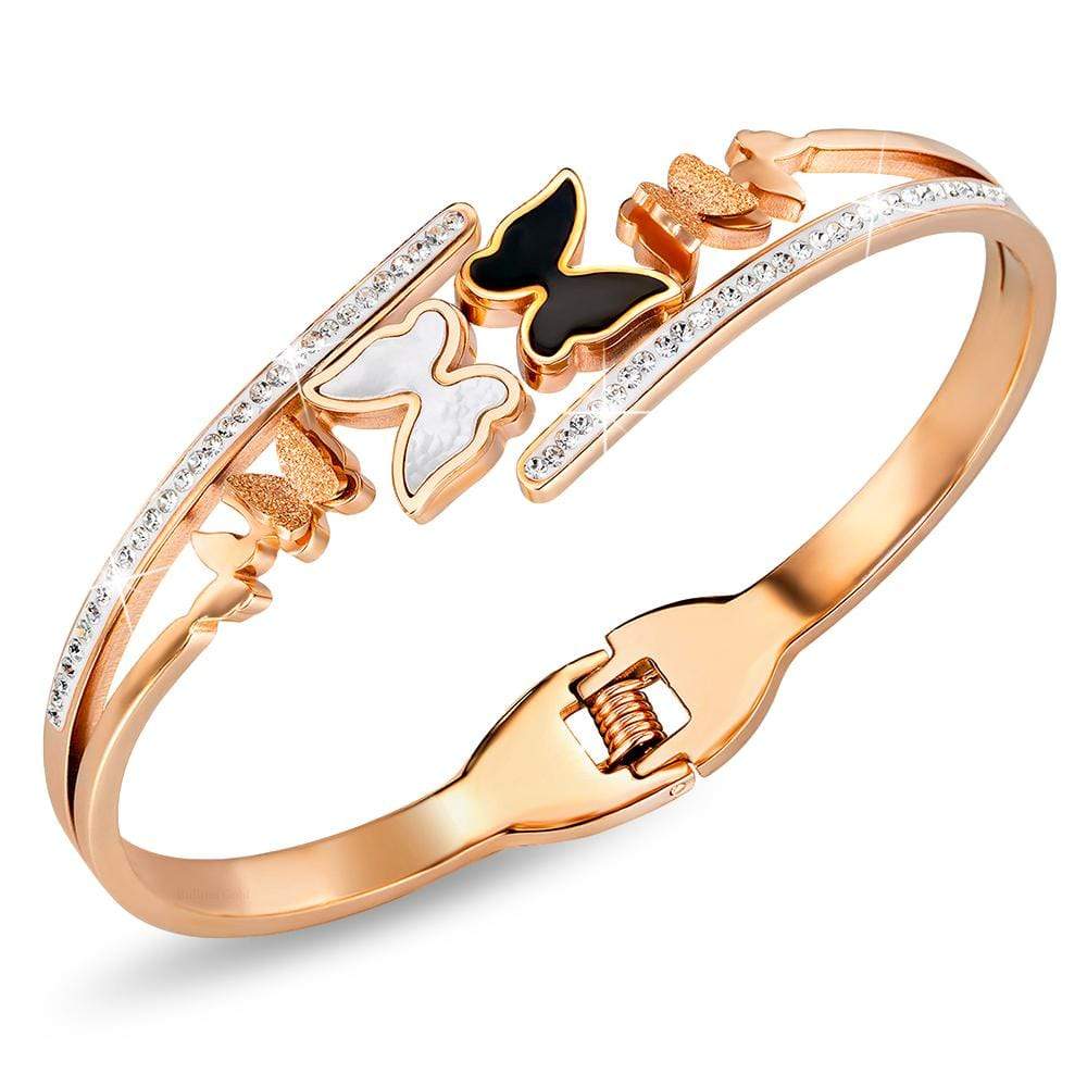 Black and White Inlay Butterfly Bangle Rose Gold Layered Titanium Steel ...