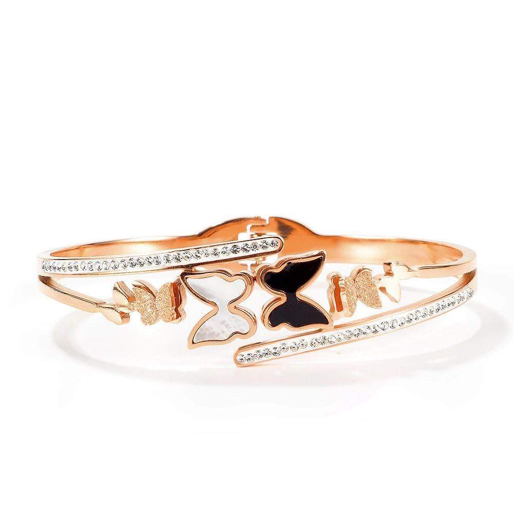 Black and White Inlay Butterfly Bangle Rose Gold Layered Titanium Steel ...