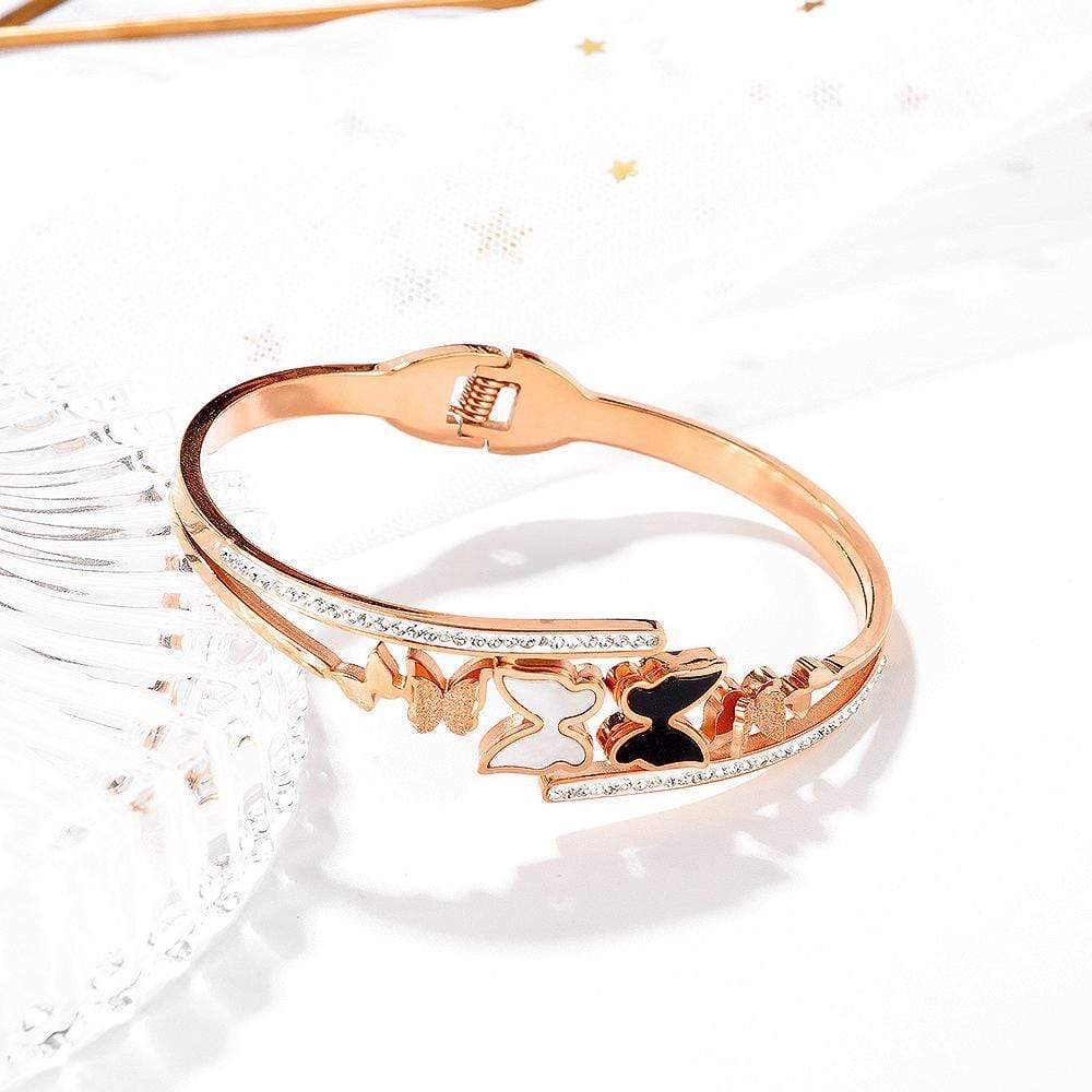 Black and White Inlay Butterfly Bangle Rose Gold Layered Titanium Steel ...