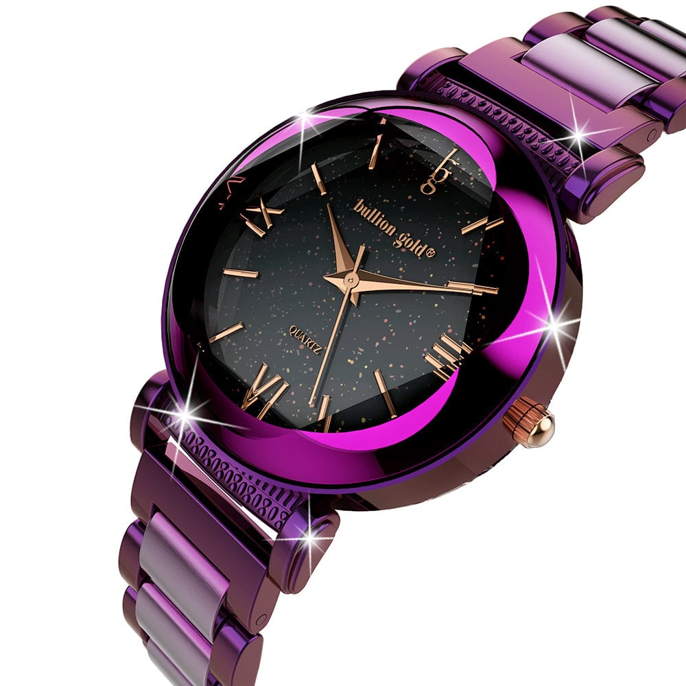 Bullion Gold Romish Watch Embellished with Glittering Crystals - Purple ...