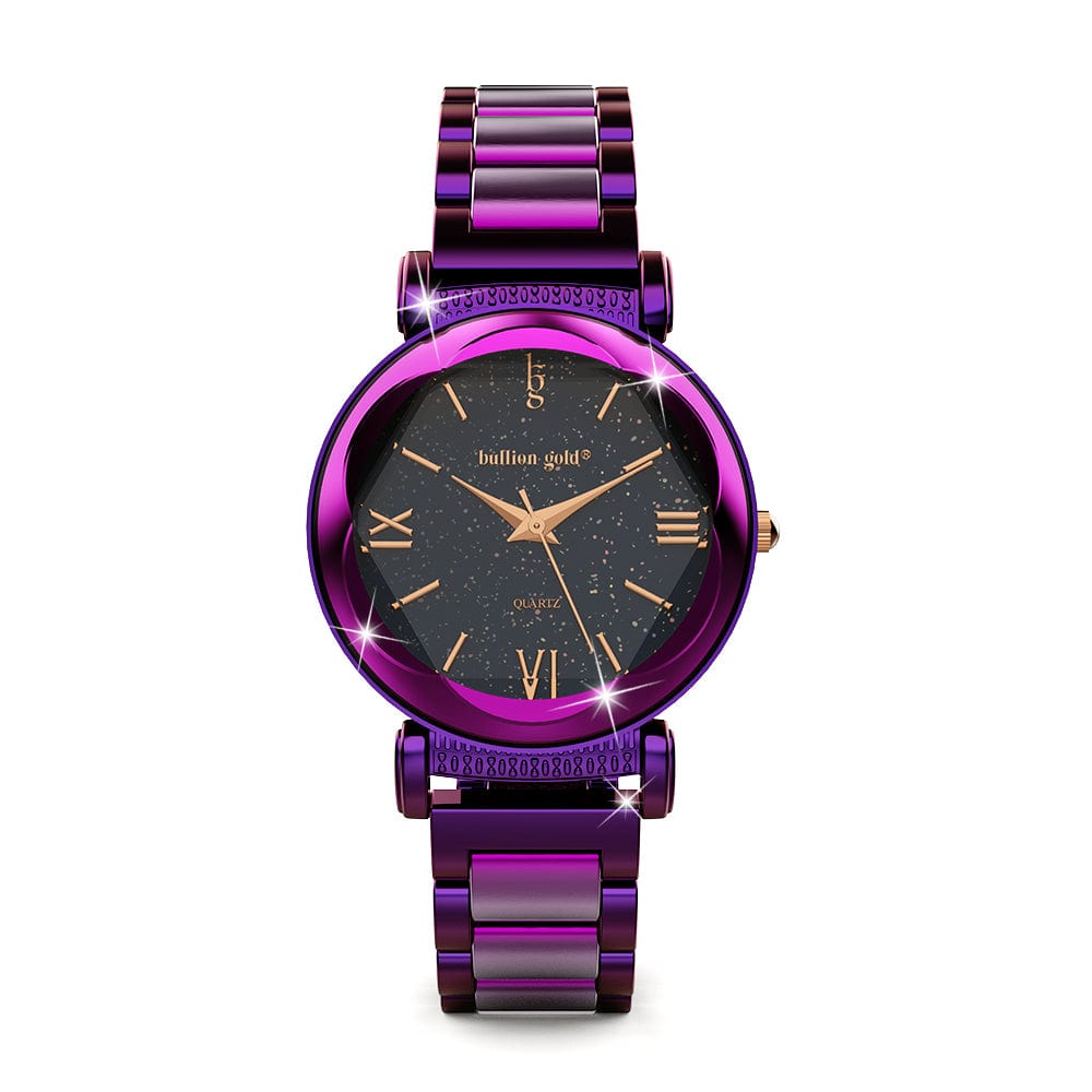 Bullion Gold Romish Watch Embellished with Glittering Crystals - Purple ...