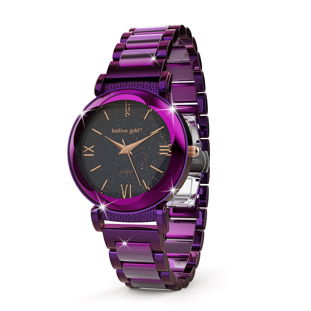 Bullion Gold Romish Watch Embellished with Glittering Crystals - Purple ...