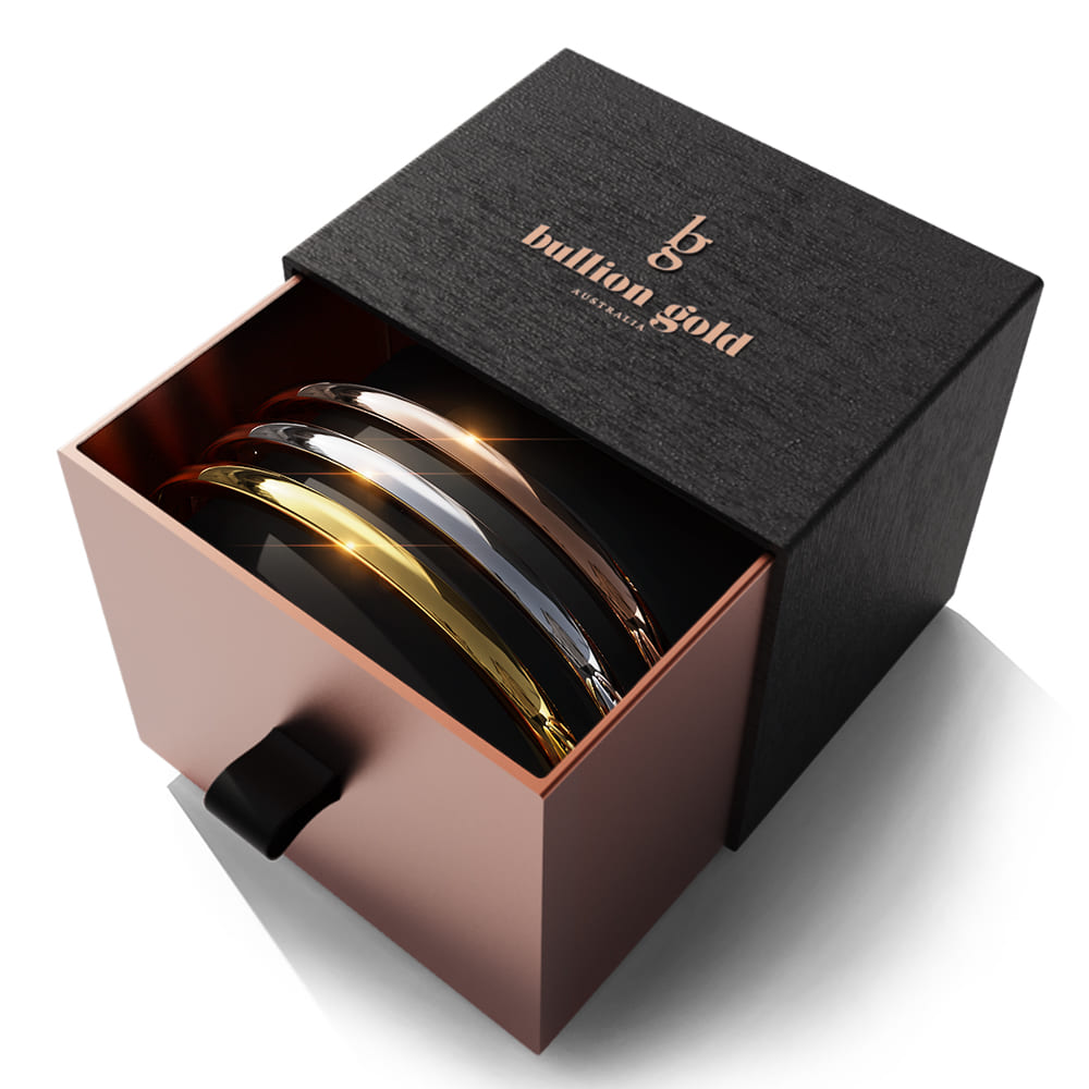 Boxed Solid Round 3 Pc Tri-Tone Bangle Set - Bullion Gold